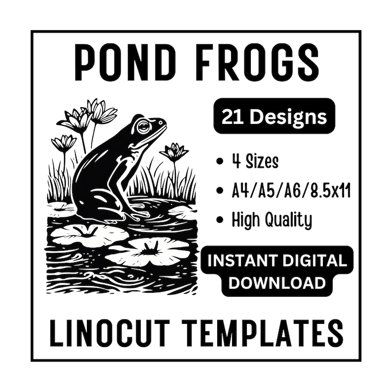 21 Pond Frogs Linocut Woodcut Tracing Template Designs - A4 A5 A6 & US Letter JPG Download ...