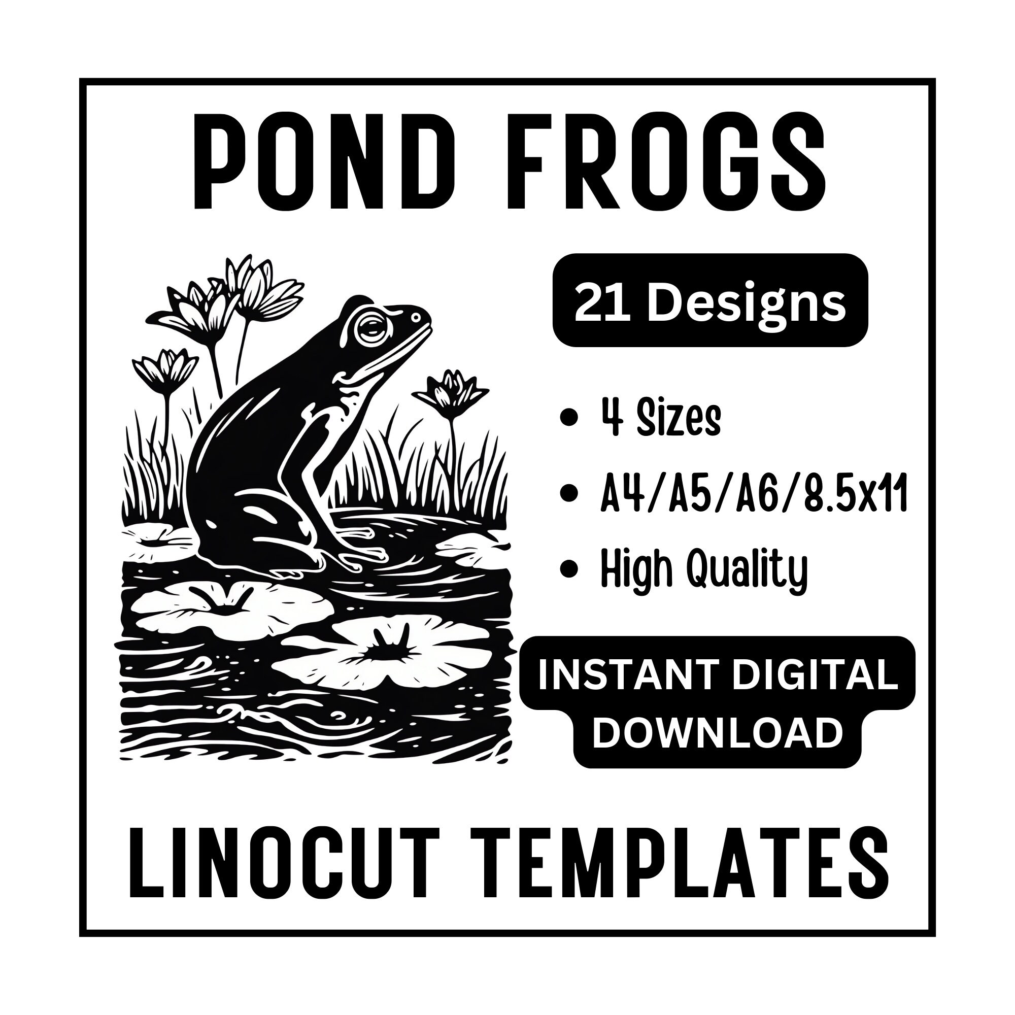 21 Pond Frogs Linocut Woodcut Tracing Template Designs - A4 A5 A6 & US ...