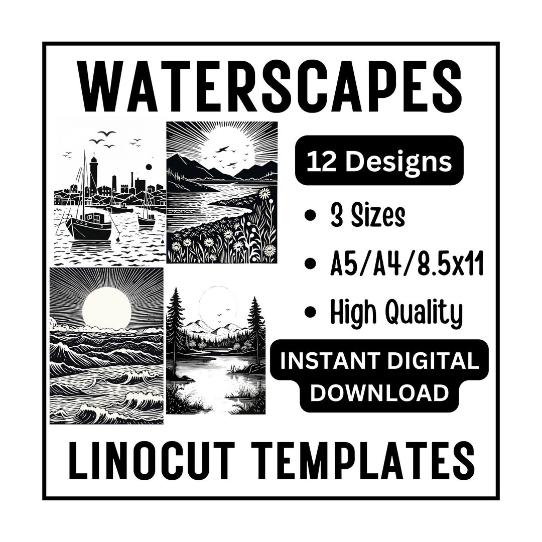 12 Waterscape Linocut Woodcut Tracing Designs - A4 A5 Letter Sizes ...