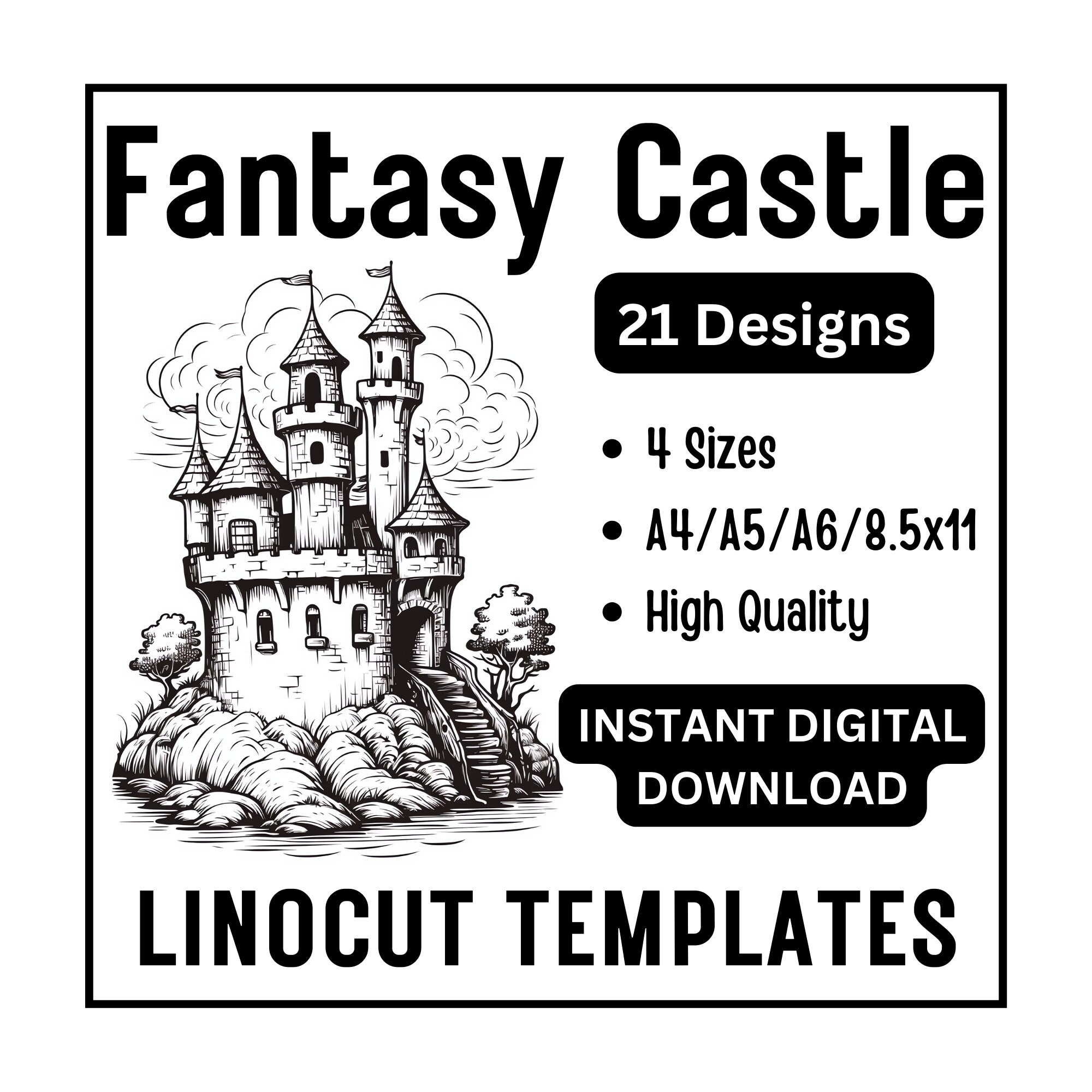 21 Fantasy Castle Linocut Woodcut Tracing Template Designs - A4 A5 A6 ...