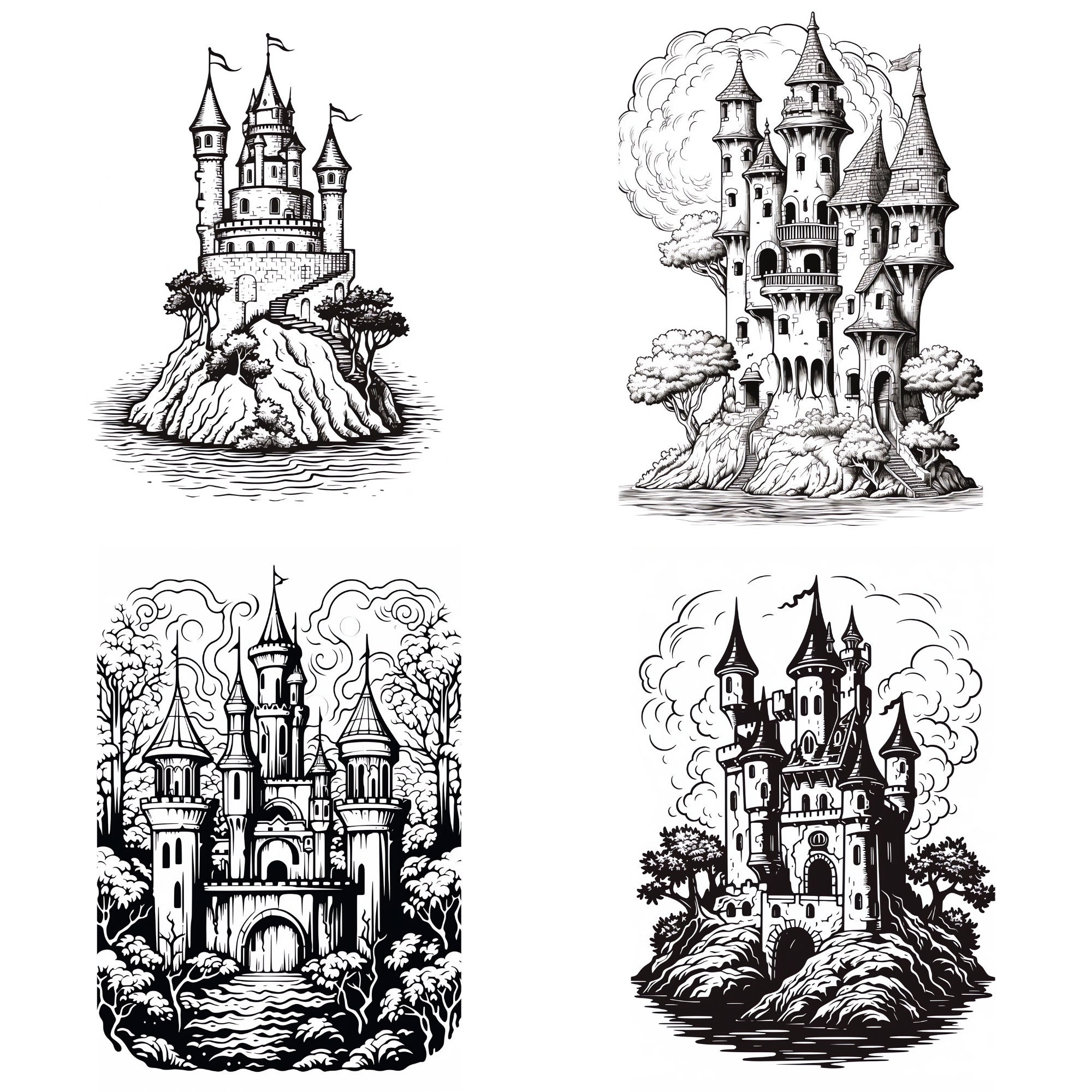 21 Fantasy Castle Linocut Woodcut Tracing Template Designs - A4 A5 A6 ...