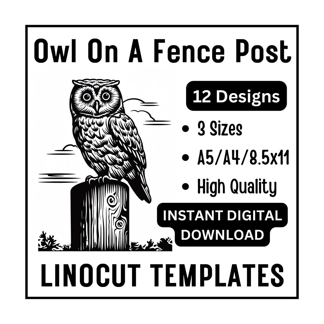 12 Simple Owl on a Fence Post Linocut Woodcut Tracing Designs - A5/a4/8 ...