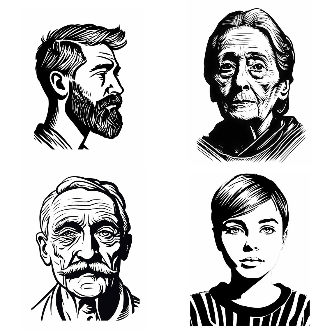 12 Human Face Linocut Woodcut Tracing Designs - A4 A5 Letter Sizes ...