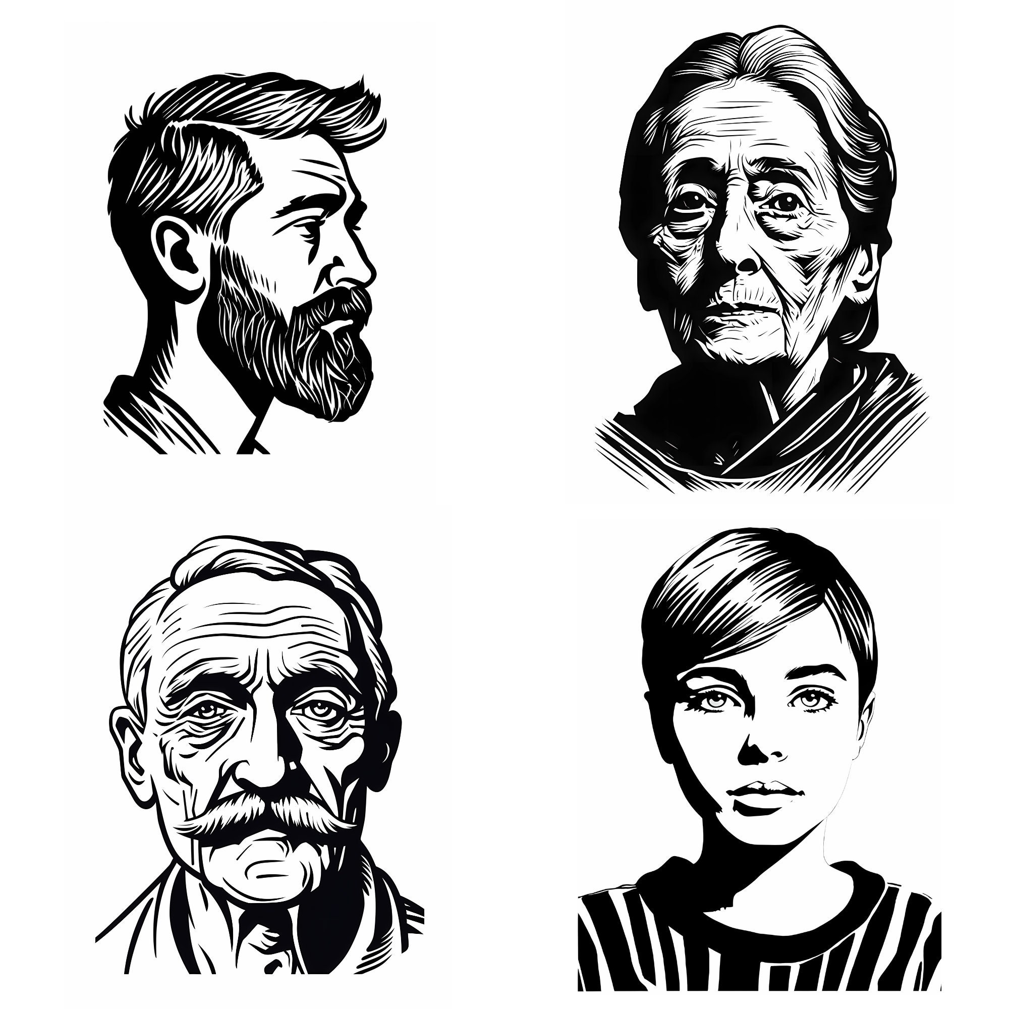 12 Human Face Linocut Woodcut Tracing Designs A4 A5 Letter Sizes JPG ...