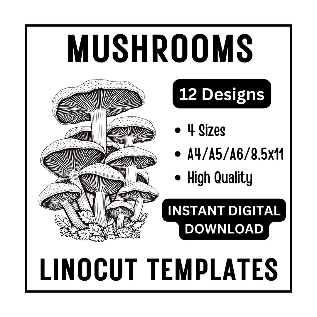 12 Mushrooms Fungi Linocut Woodcut Tracing Designs - A4 A5 A6 & US ...