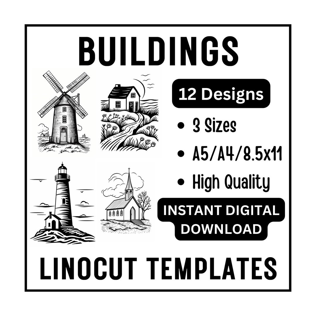 12 Buildings Linocut Woodcut Tracing Designs - Cottage, Windmill ...