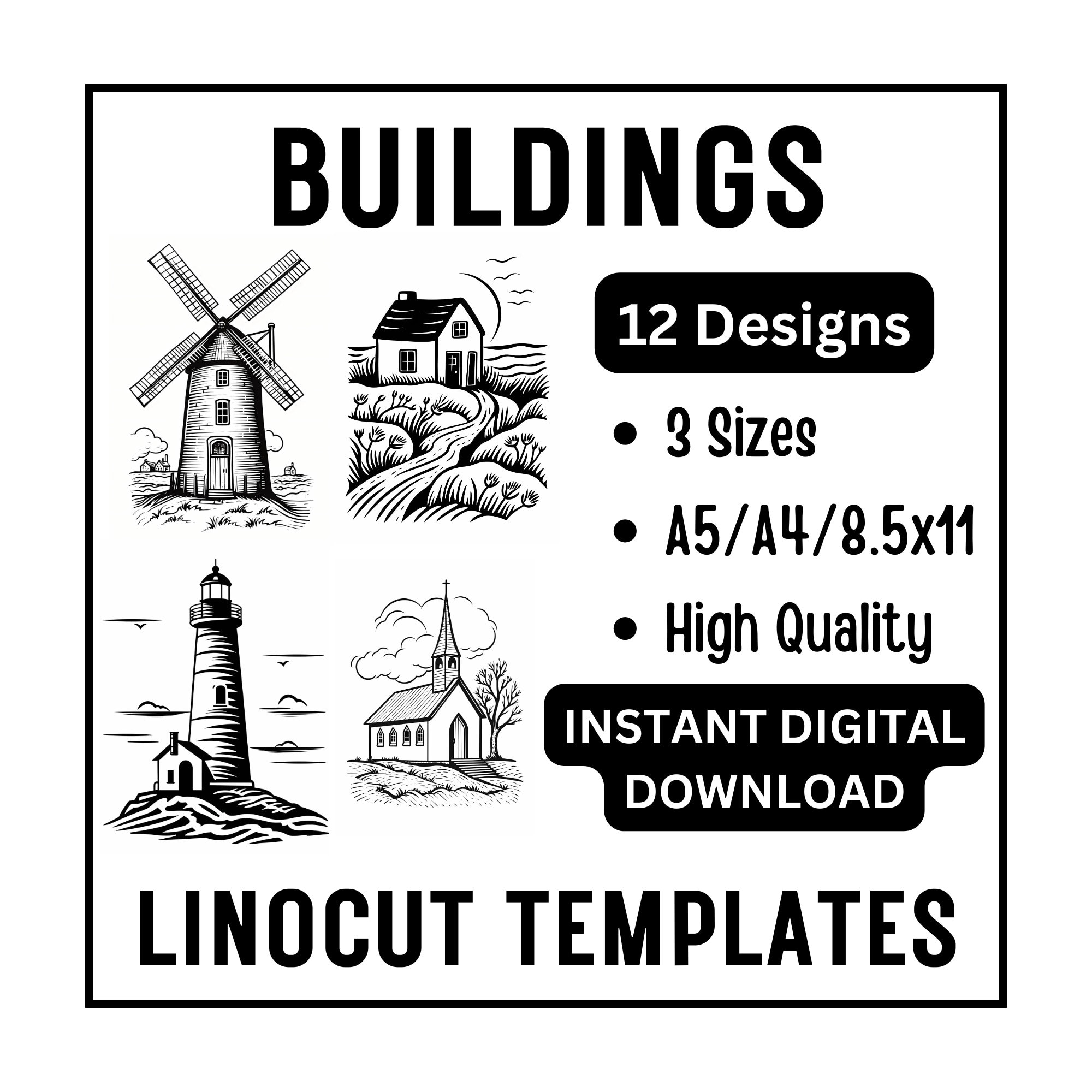 12 Buildings Linocut Woodcut Tracing Designs - Cottage, Windmill ...