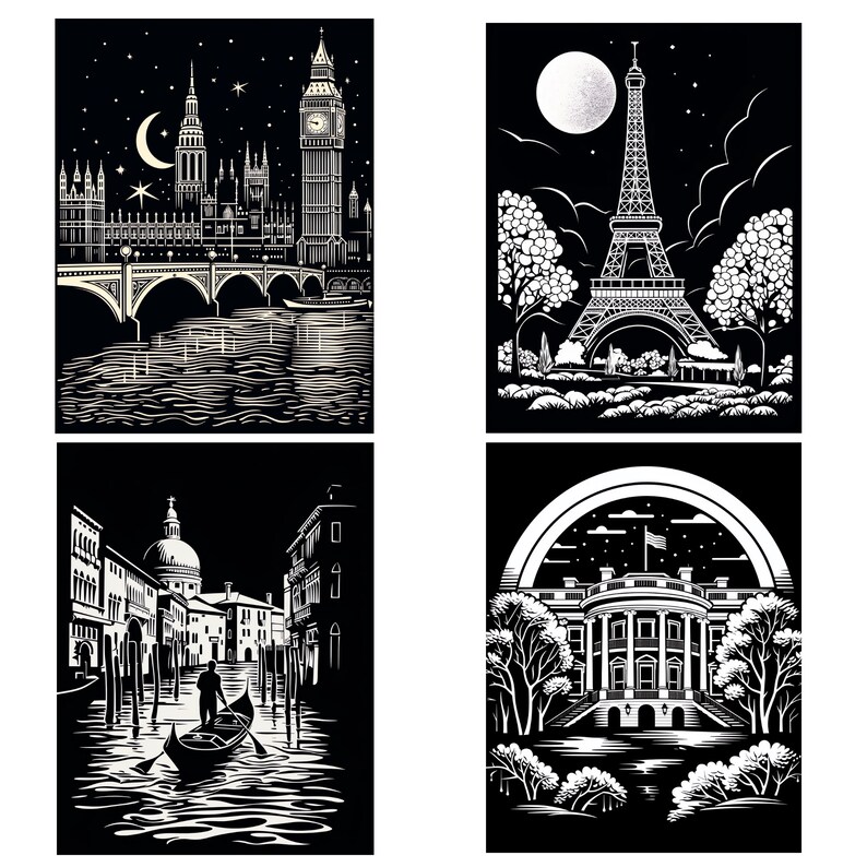 20 Famous Landmarks Linocut Woodcut Tracing Designs & Coloring Pages ...