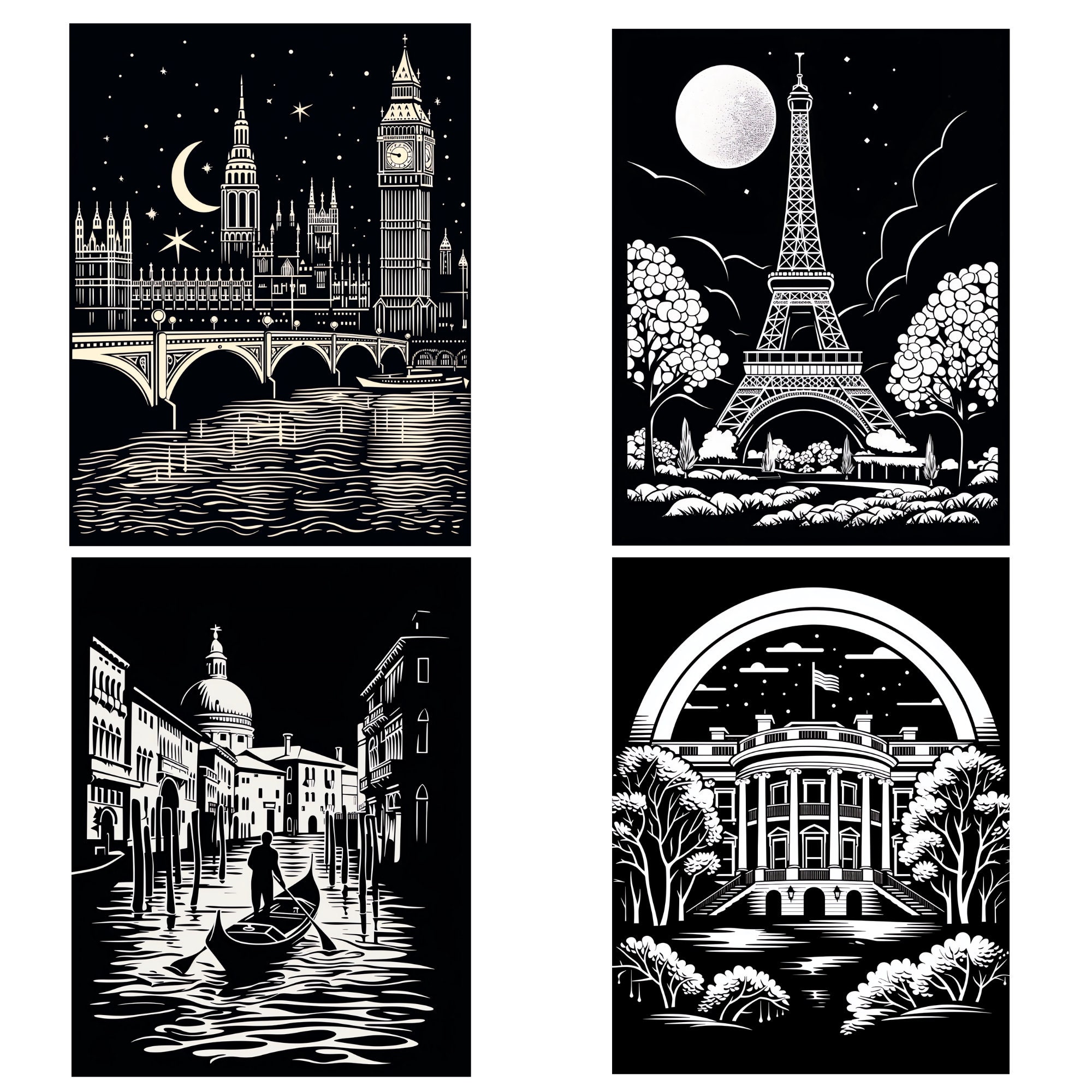 20 Famous Landmarks Linocut Woodcut Tracing Designs & Coloring Pages ...