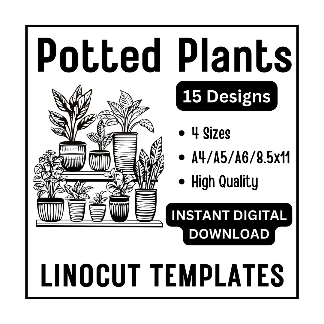 15 Potted Plants Linocut Tracing Designs - A4 / A5 / A6 / USA Letter ...