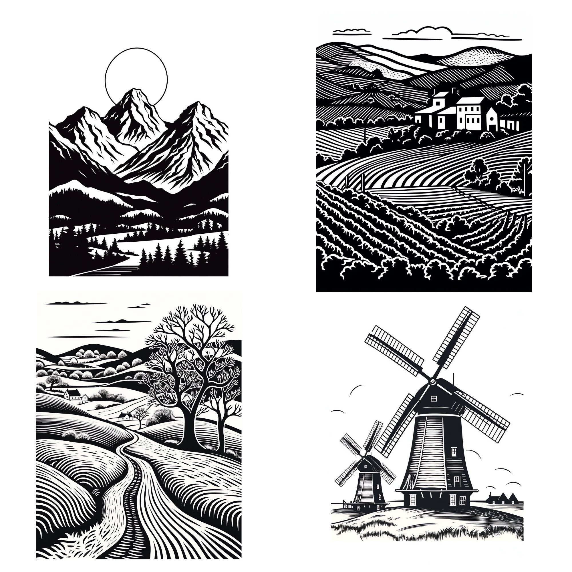 12 Landscape Linocut Tracing Designs A4 / A5 / A6 / USA Letter Sizes ...