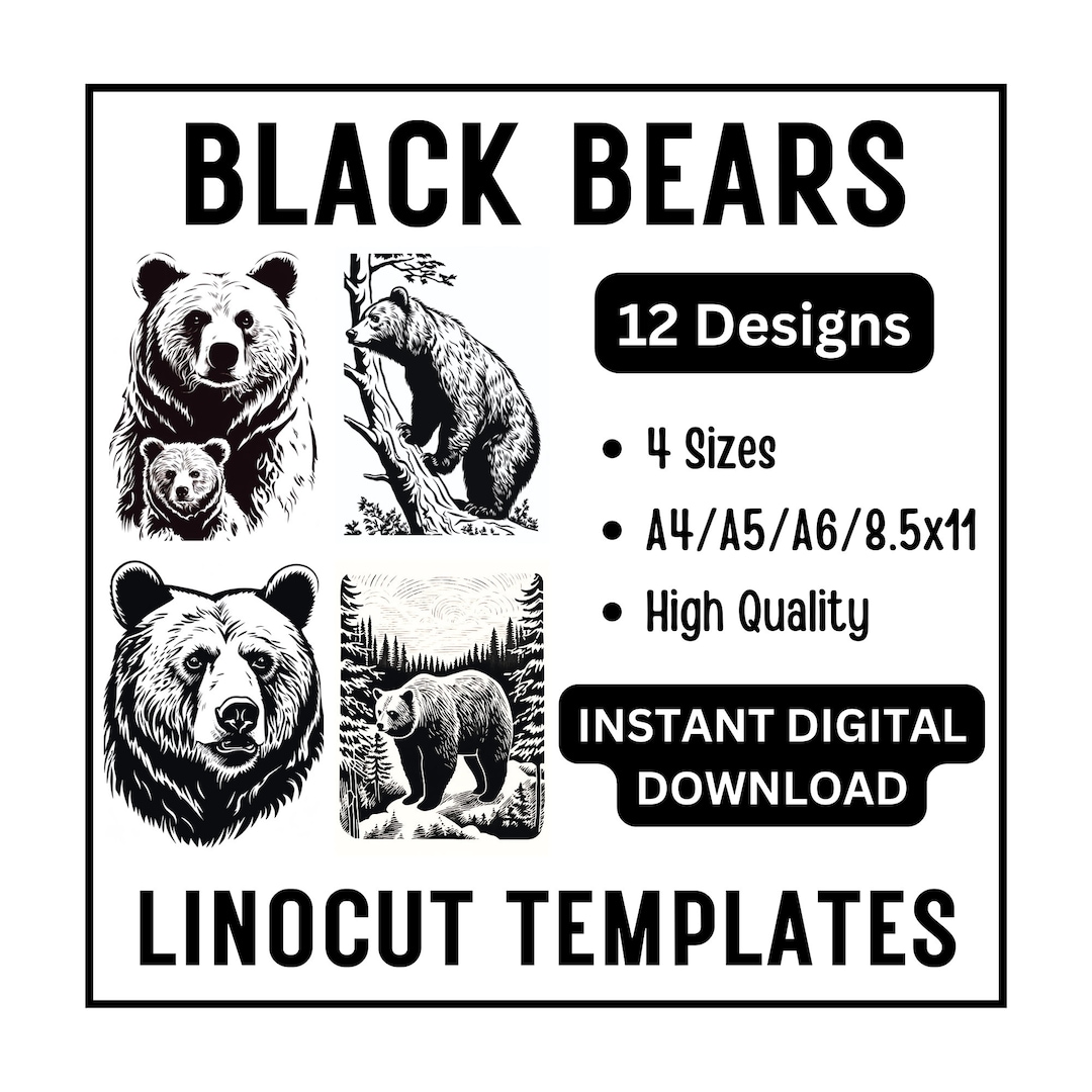 12 Black Grizzly Bears Linocut Woodcut Tracing Designs - A4 A5 A6 & US ...