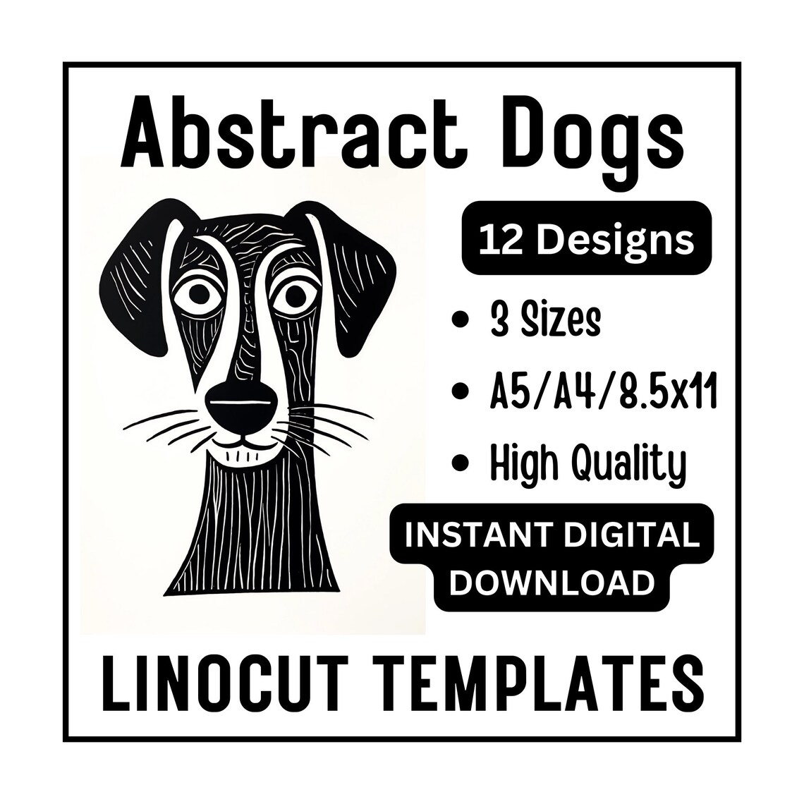 12 Abstract Funny Dogs Linocut Woodcut Tracing Designs - A4 A5 Letter ...