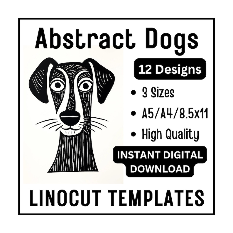 12 Abstract Funny Dogs Linocut Woodcut Tracing Designs - A4 A5 Letter ...