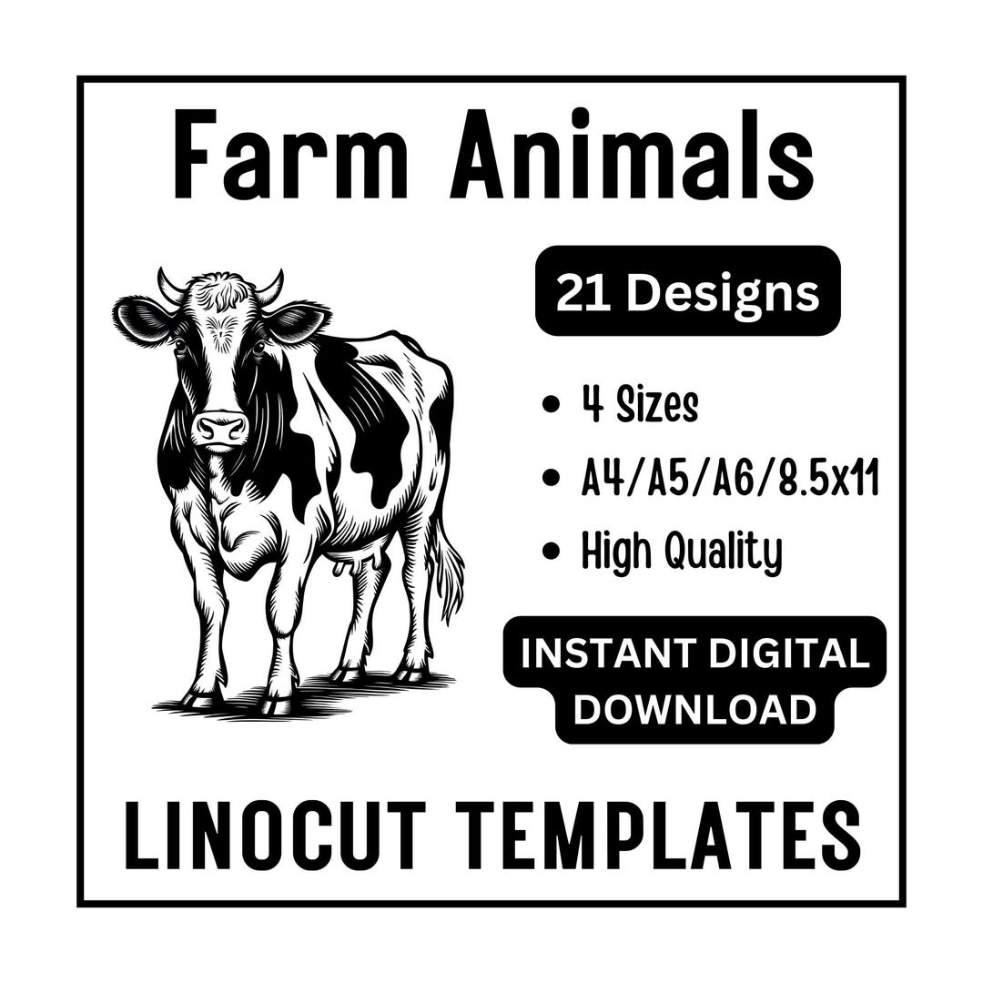 21 Farm Animals Linocut Woodcut Tracing Template Designs - 4 Size Print ...