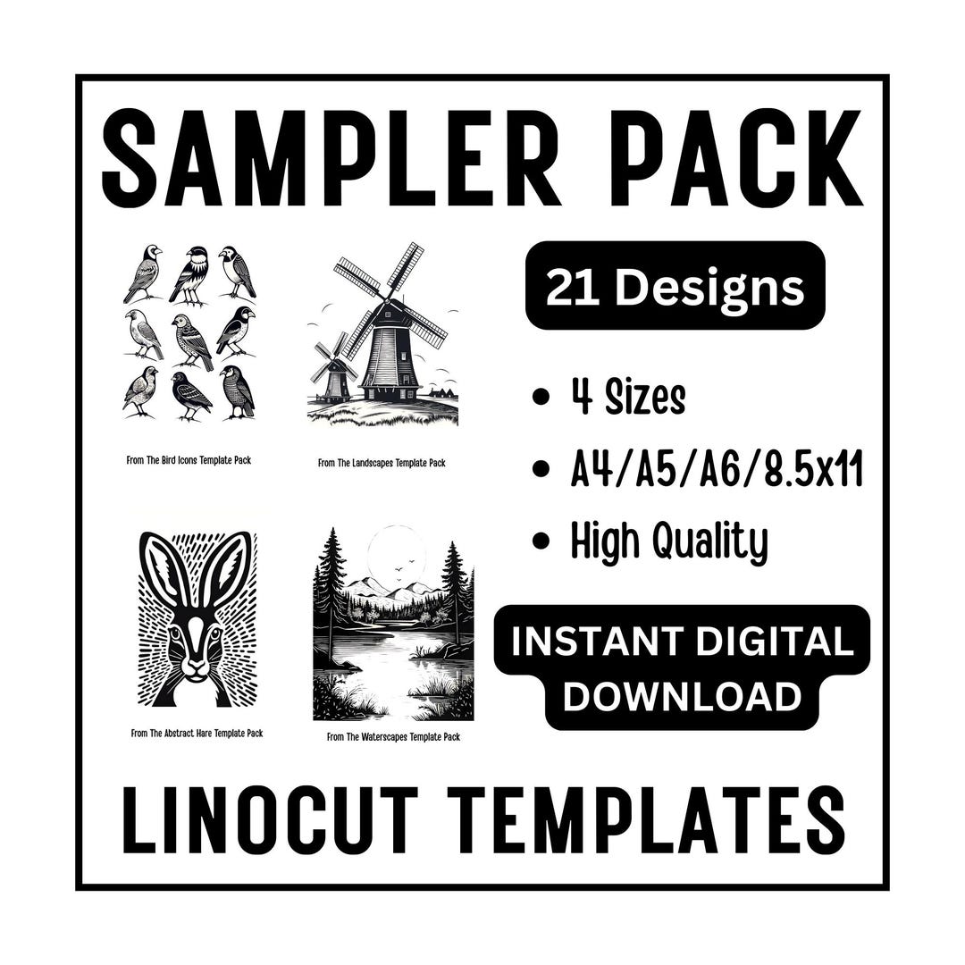 21 Sampler Pack Linocut Tracing Designs - 4 Sizes JPG - Multiple ...