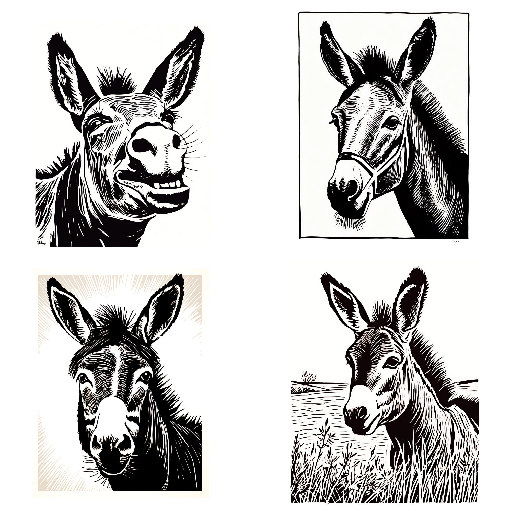 12 Cute Donkeys Linocut Woodcut Tracing Designs - A4 A5 Letter Sizes ...