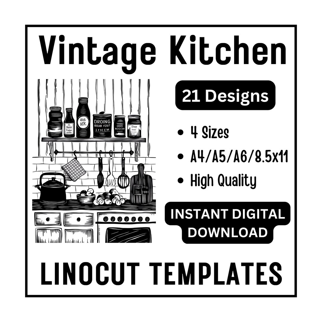 Vintage Kitchen Linocut Templates | Rustic Cooking & Baking Tracing ...