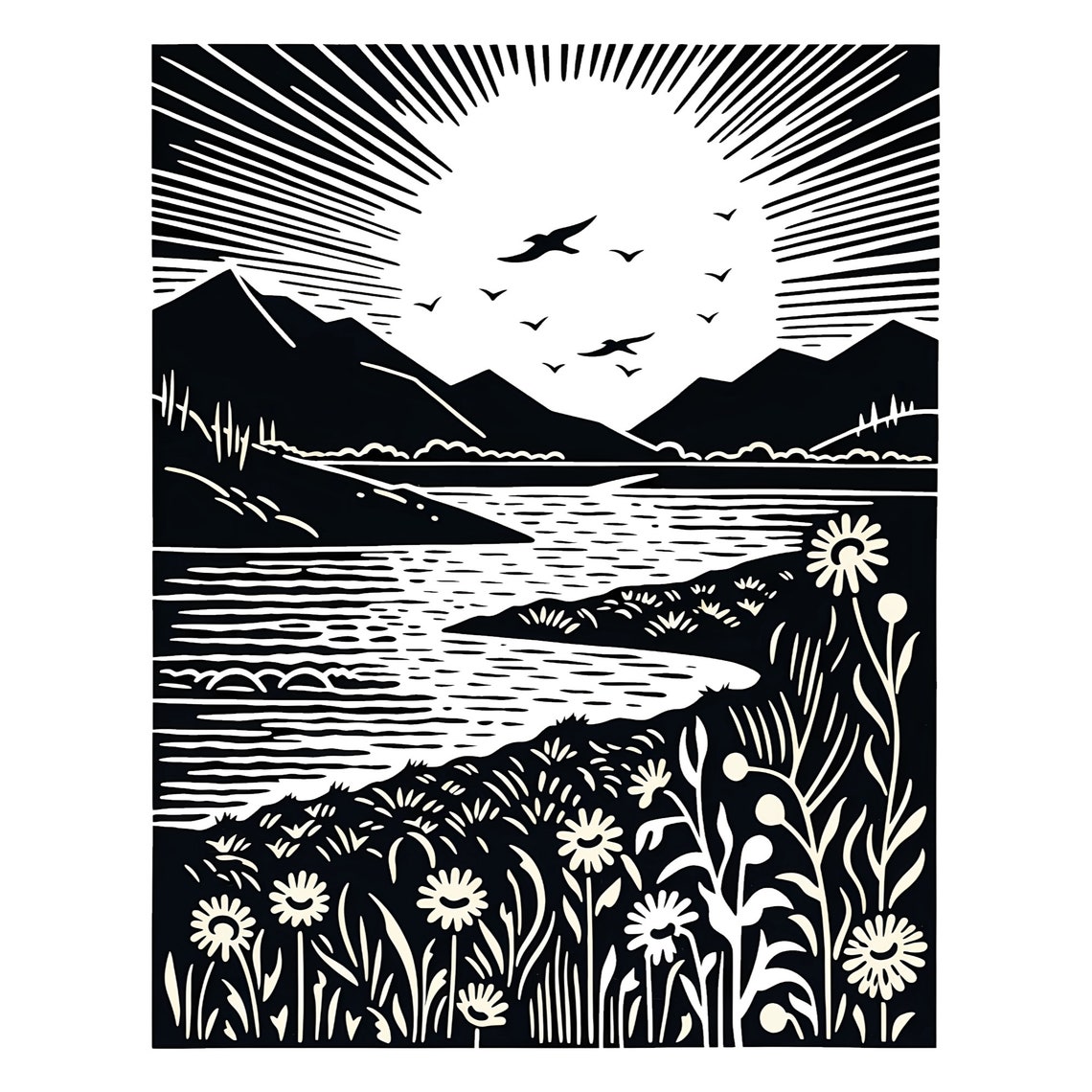 12 Waterscape Linocut Woodcut Tracing Designs - A4 A5 Letter Sizes ...