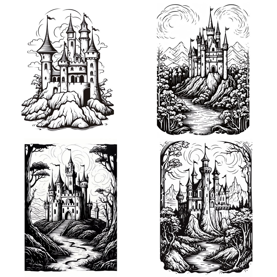 21 Fantasy Castle Linocut Woodcut Tracing Template Designs - A4 A5 A6 ...