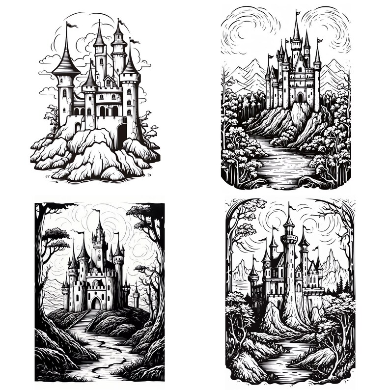 21 Fantasy Castle Linocut Woodcut Tracing Template Designs - A4 A5 A6 ...