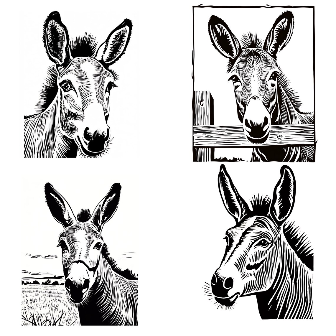 12 Cute Donkeys Linocut Woodcut Tracing Designs - A4 A5 Letter Sizes ...
