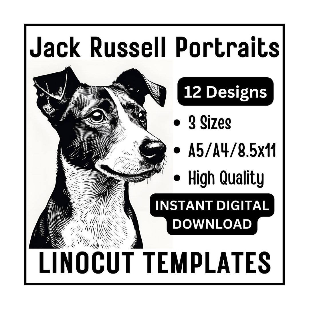 12 Jack Russell Terrier Linocut JRT Dog Portrait Woodcut Tracing ...