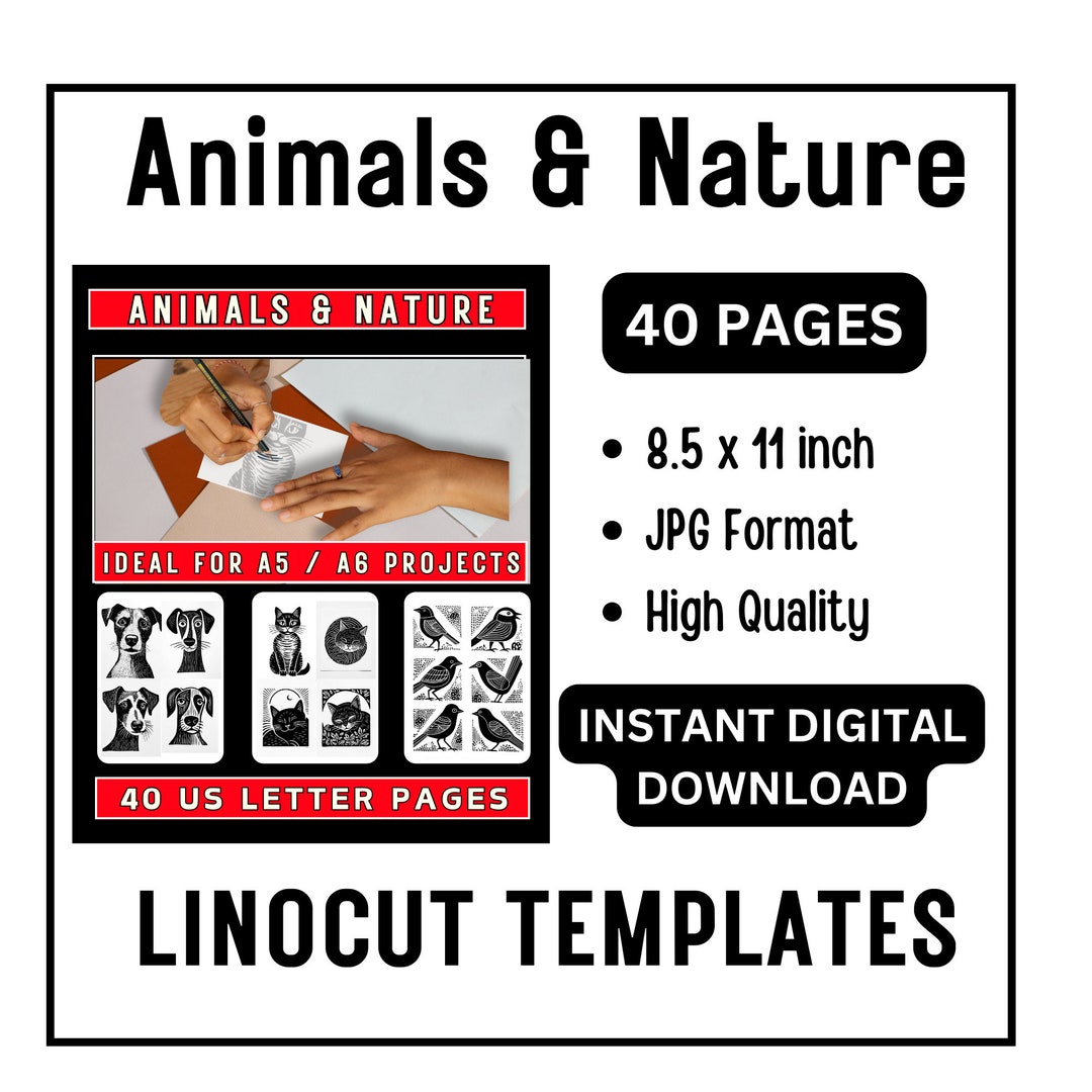 40 PAGES Linocut Tracing Templates Animals & Nature Birds, Botanicals ...