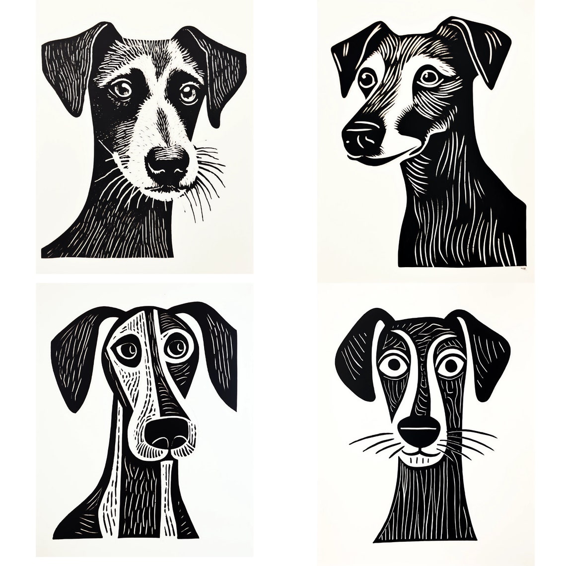 12 Abstract Funny Dogs Linocut Woodcut Tracing Designs A4 A5 Letter ...
