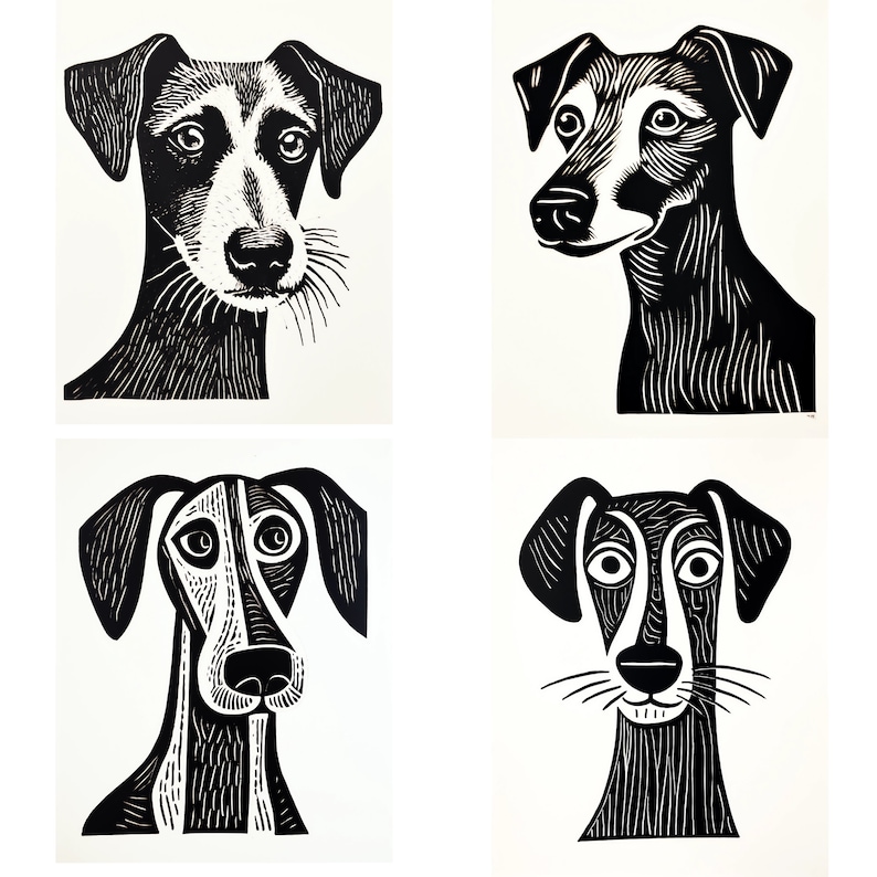 12 Abstract Funny Dogs Linocut Woodcut Tracing Designs - A4 A5 Letter ...