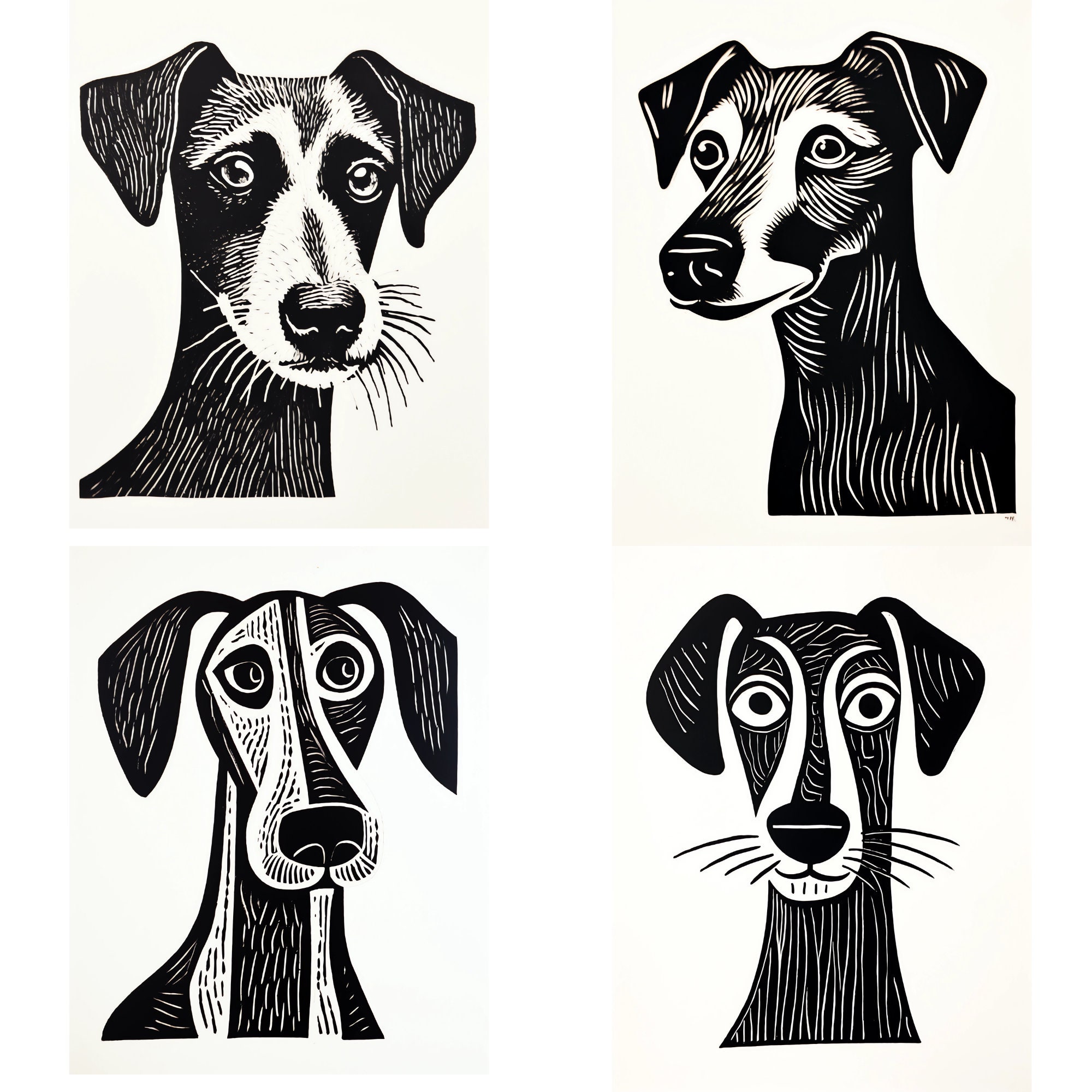 12 Abstract Funny Dogs Linocut Woodcut Tracing Designs - A4 A5 Letter ...