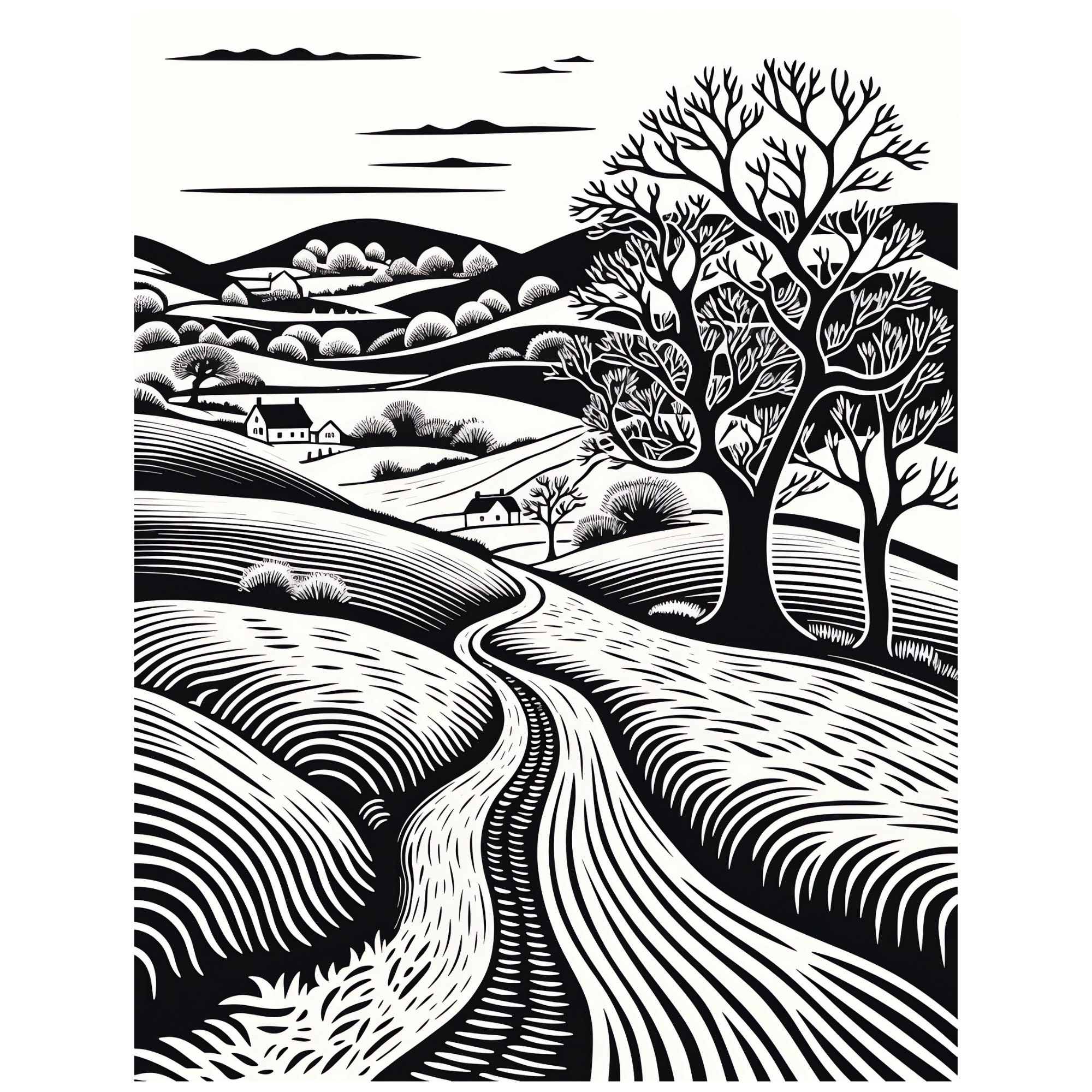 12 Landscape Linocut Tracing Designs A4 / A5 / A6 / USA Letter Sizes ...