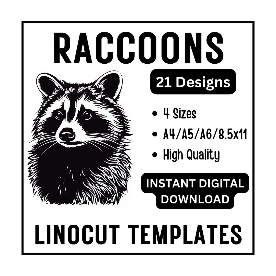 21 Raccoons Linocut Woodcut Tracing Template Designs A4 A5 A6 & US ...