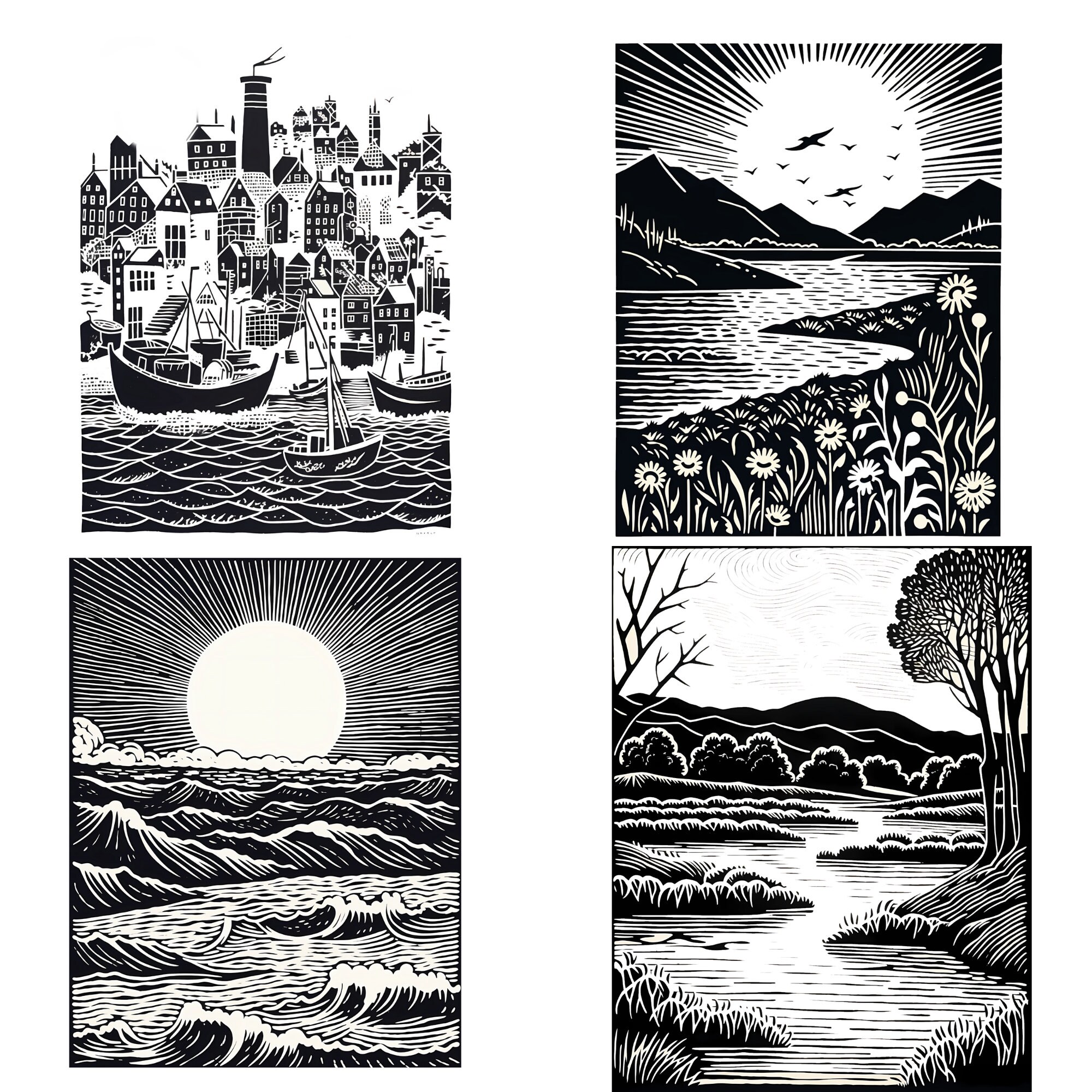 12 Waterscape Linocut Woodcut Tracing Designs - A4 A5 Letter Sizes ...
