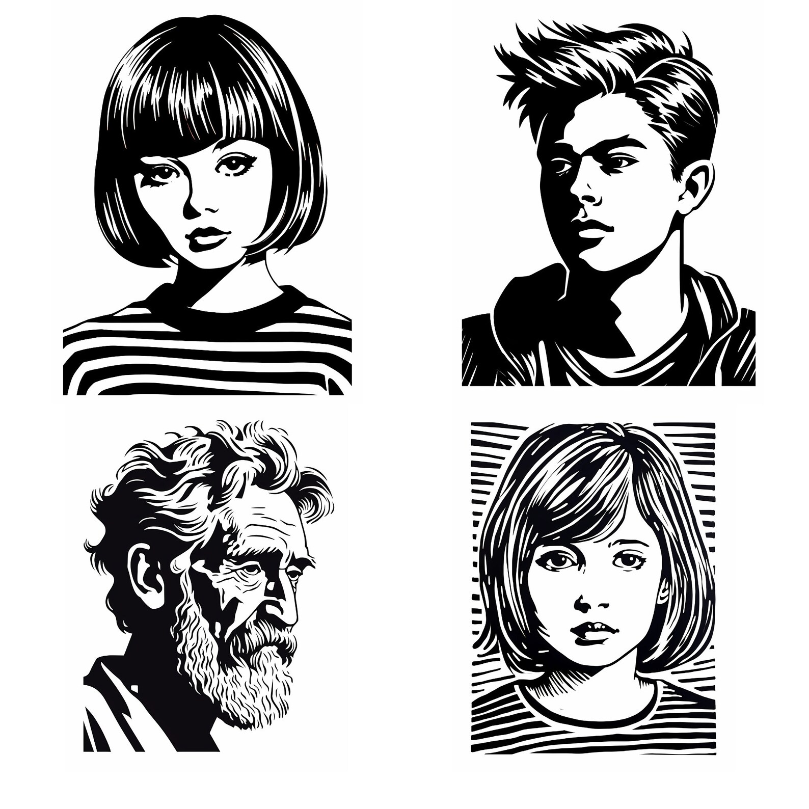12 Human Face Linocut Woodcut Tracing Designs - A4 A5 Letter Sizes ...