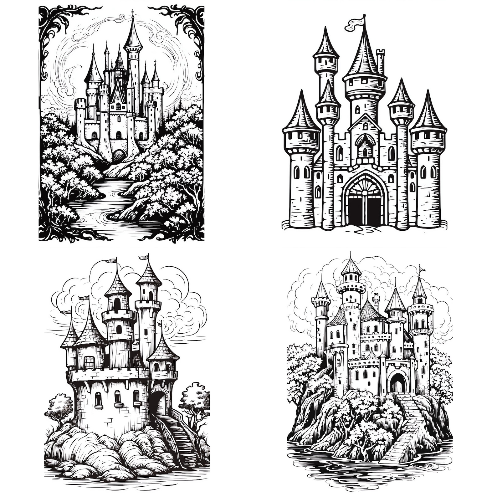 21 Fantasy Castle Linocut Woodcut Tracing Template Designs - A4 A5 A6 ...