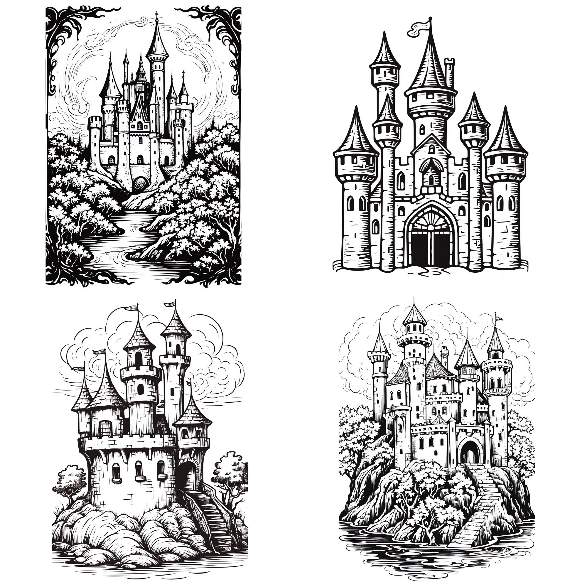 21 Fantasy Castle Linocut Woodcut Tracing Template Designs - A4 A5 A6 ...