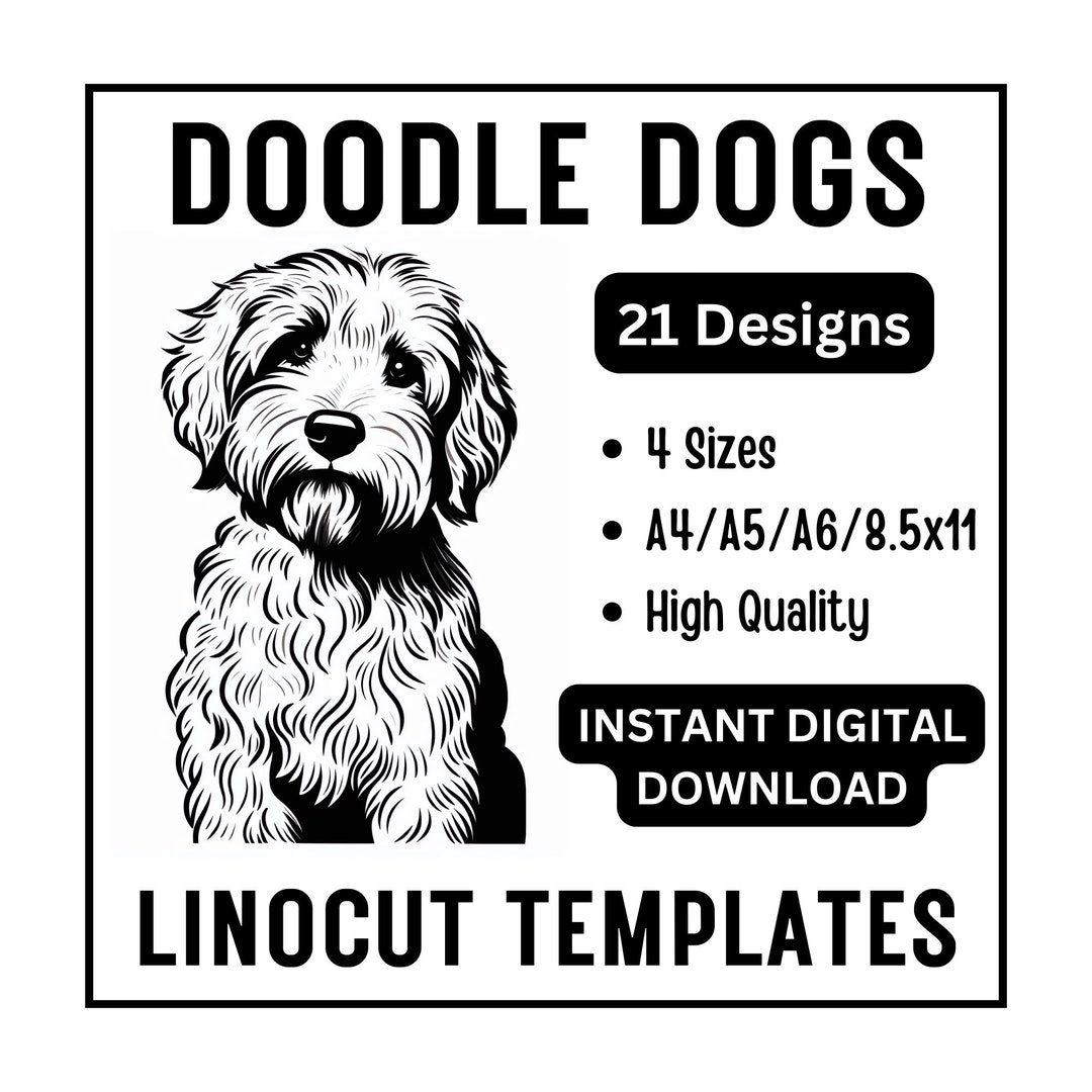 21 Doodle Dogs Linocut Woodcut Tracing Template Designs - A4 A5 A6 & US ...
