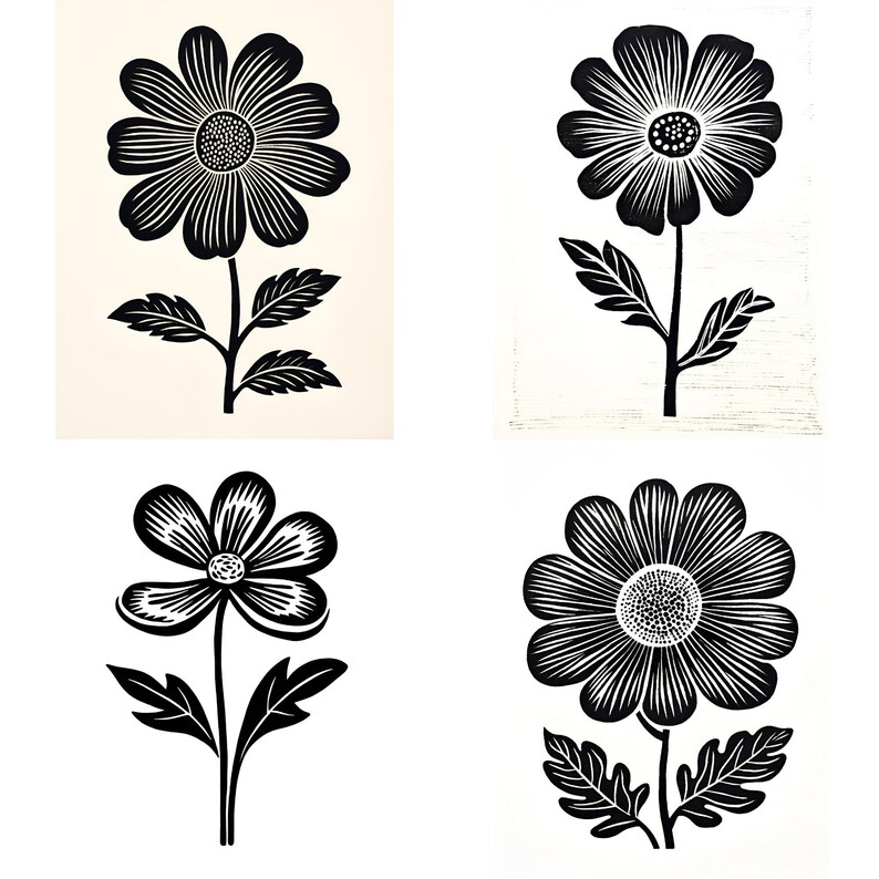 12 Simple Daisy Flowers Linocut Woodcut Tracing Designs - A5/a4/8.5x11 ...