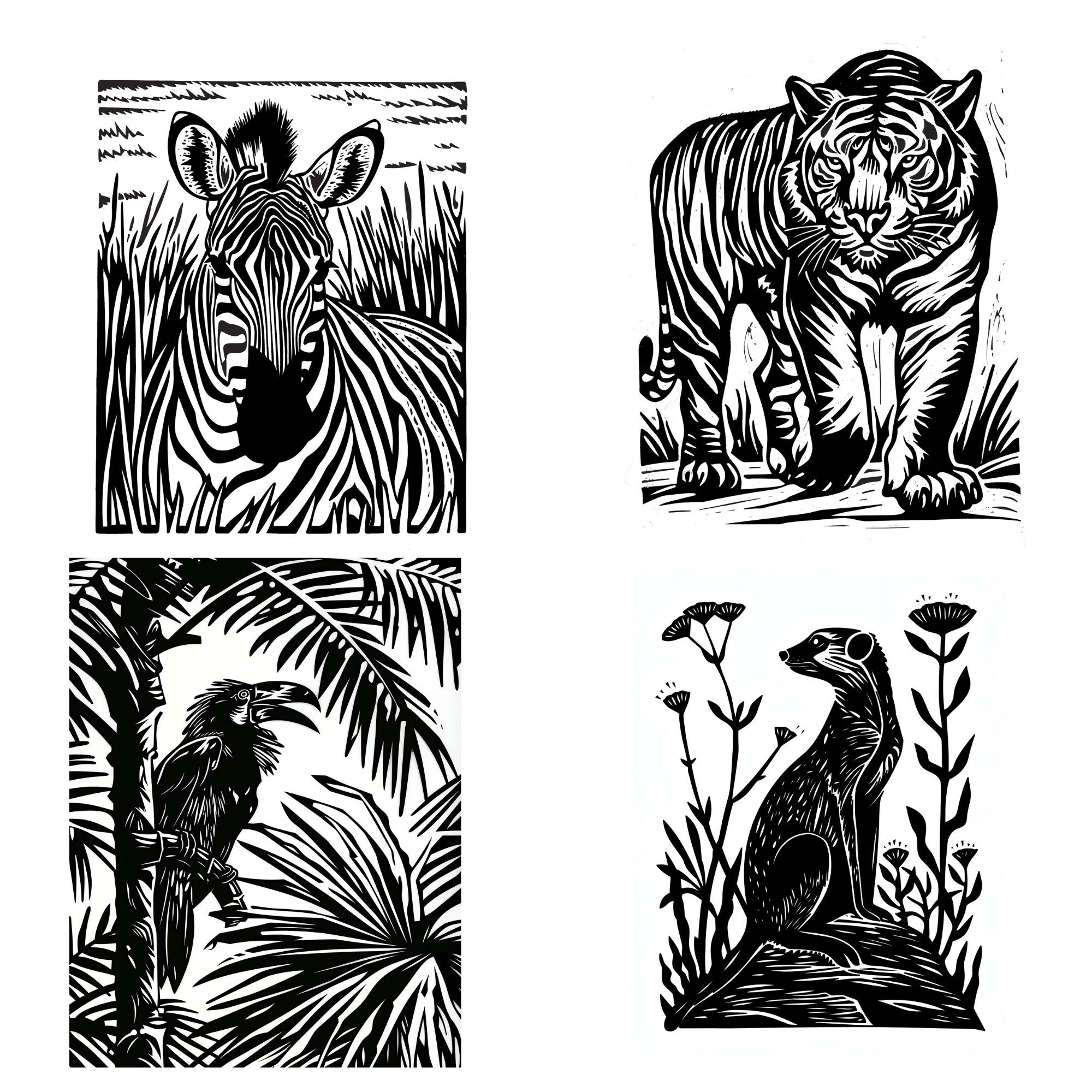 12 Safari Wild Animals Linocut Woodcut Tracing Designs - A4 A5 A6 & US ...