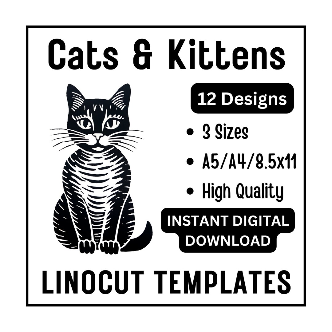 12 Abstract Cats Kittens Linocut Woodcut Tracing Designs - A4 A5 Letter ...