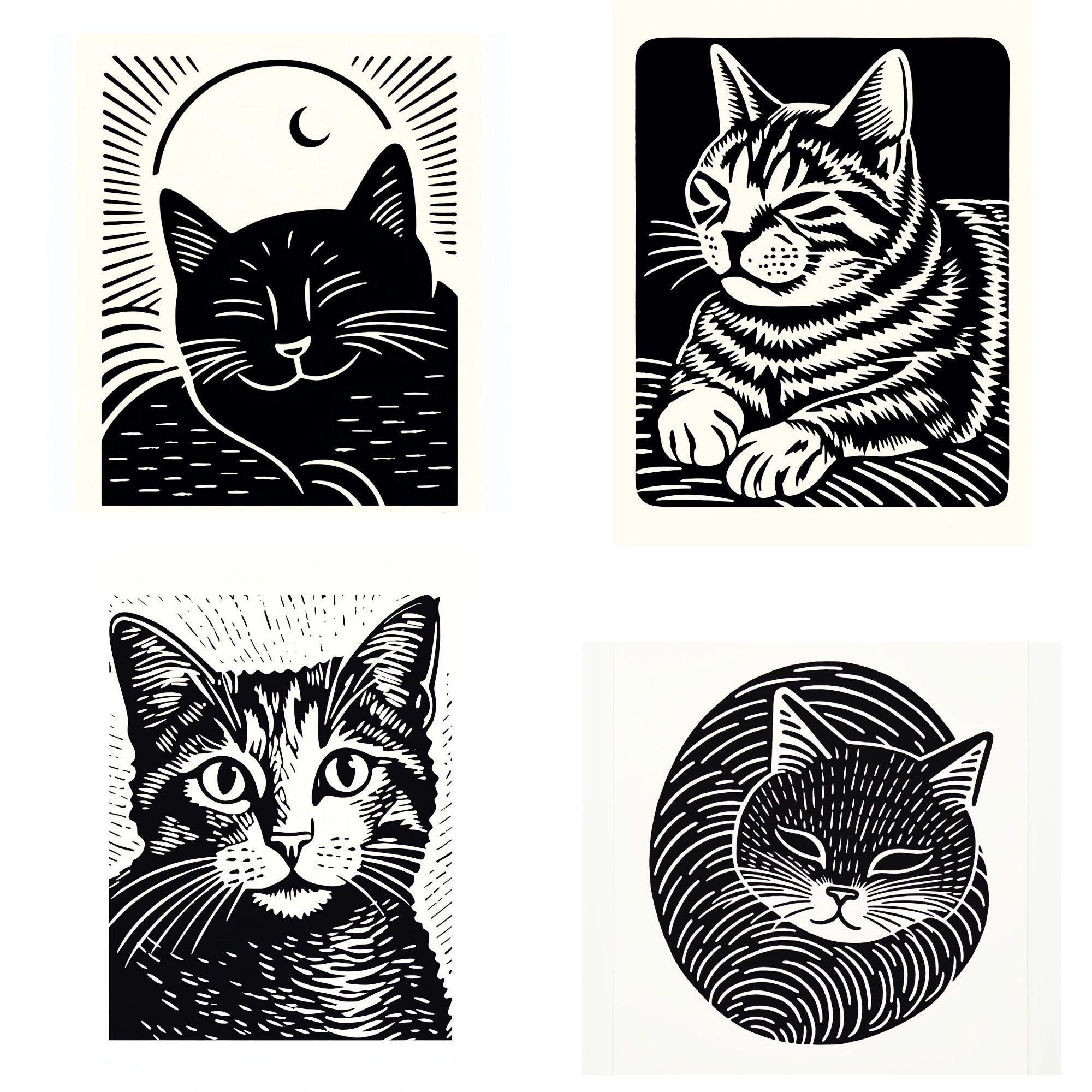 12 Abstract Cats Kittens Linocut Woodcut Tracing Designs A4 A5 Letter ...