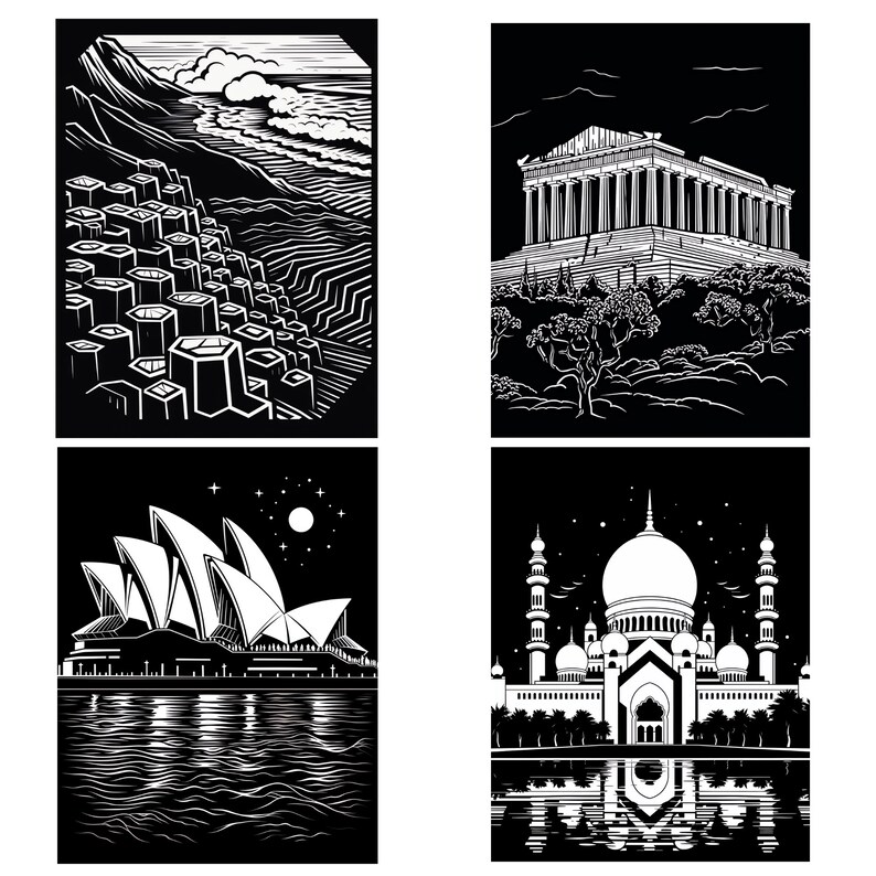 20 Famous Landmarks Linocut Woodcut Tracing Designs & Coloring Pages ...