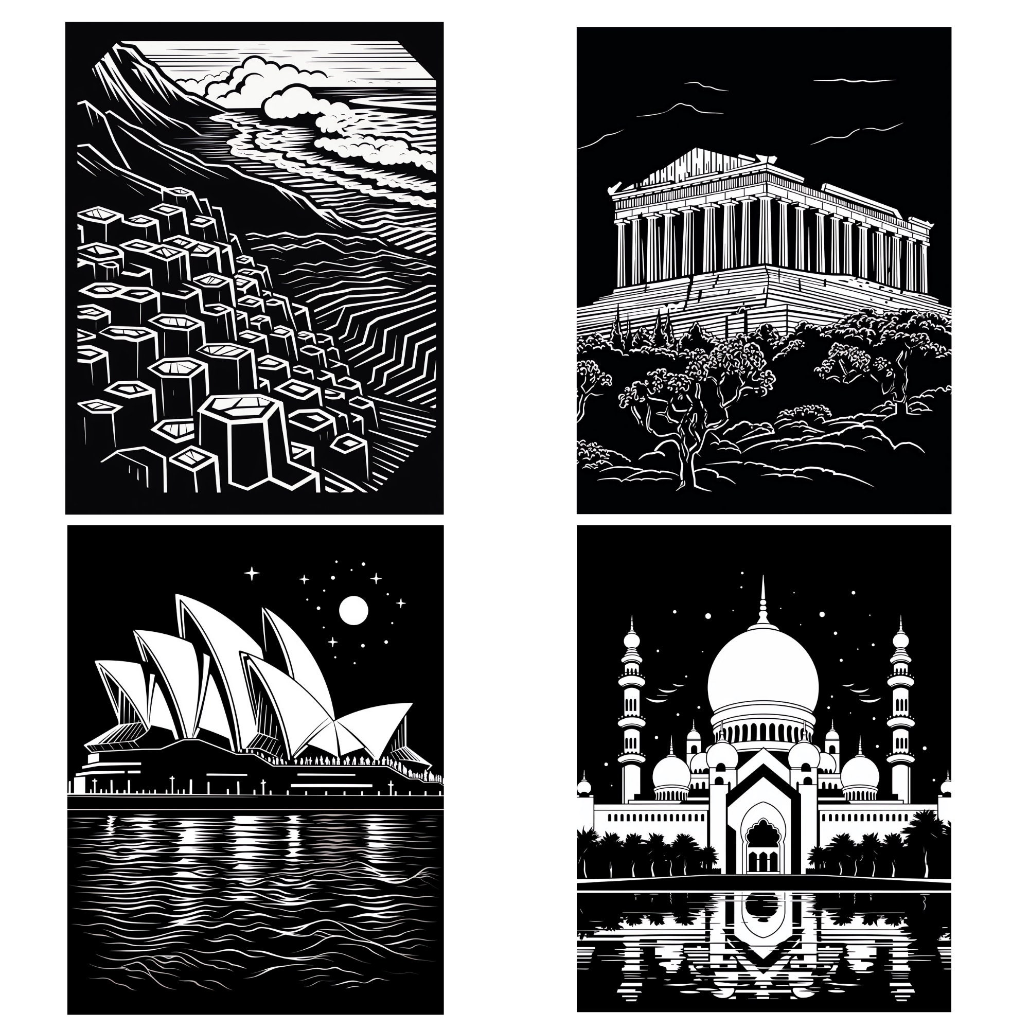 20 Famous Landmarks Linocut Woodcut Tracing Designs & Coloring Pages ...