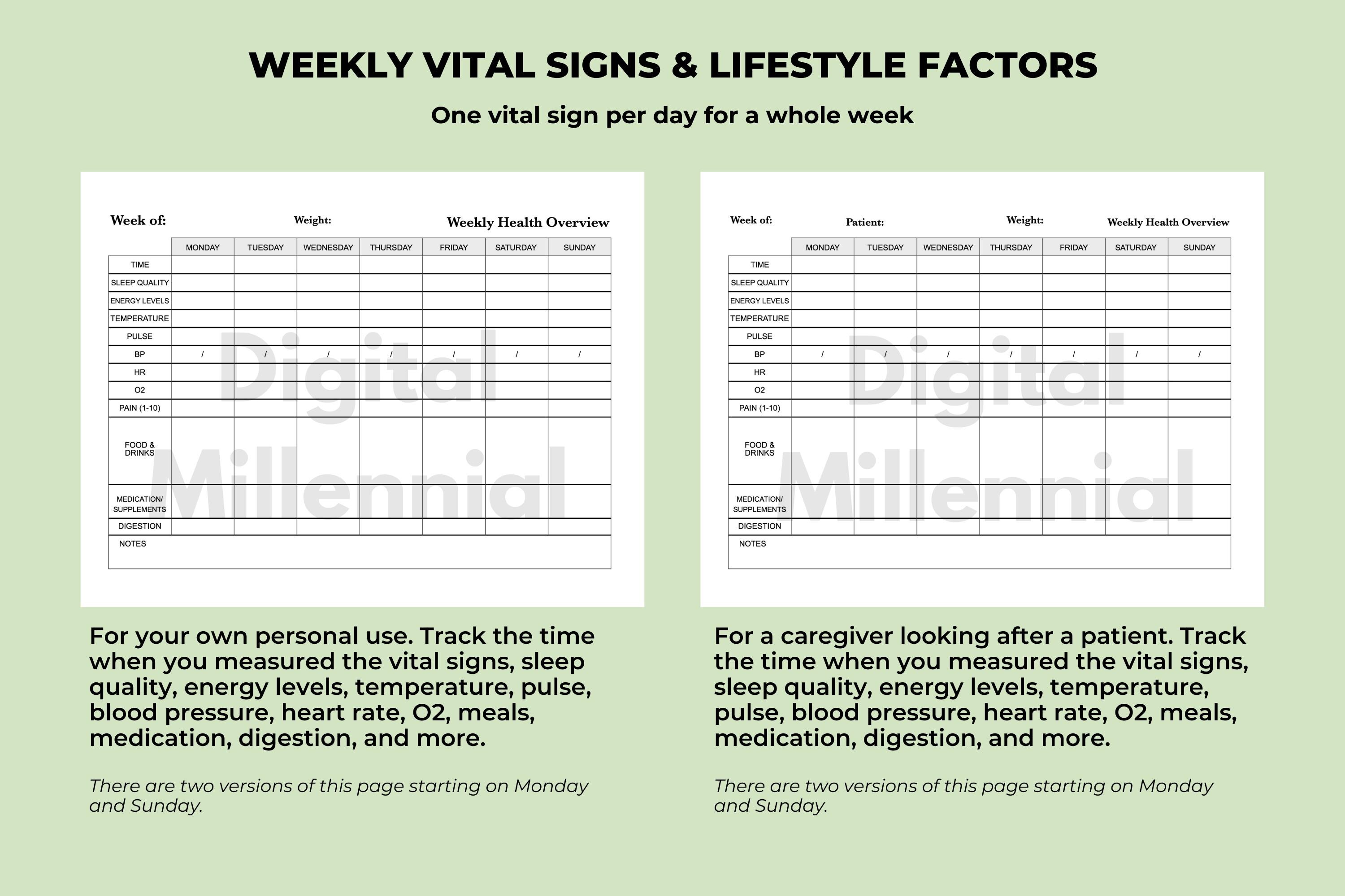 Printable Vital Signs Tracker: Daily, Weekly, Monthly (digital File) - Etsy