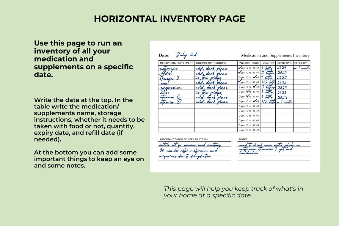Printable Medication and Supplements Inventory Tracker, Medicine Log ...