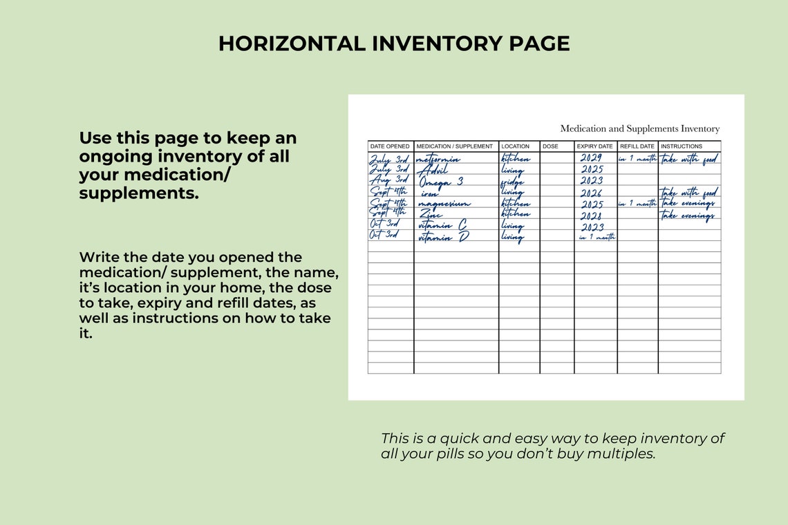 Printable Medication and Supplements Inventory Tracker, Medicine Log ...