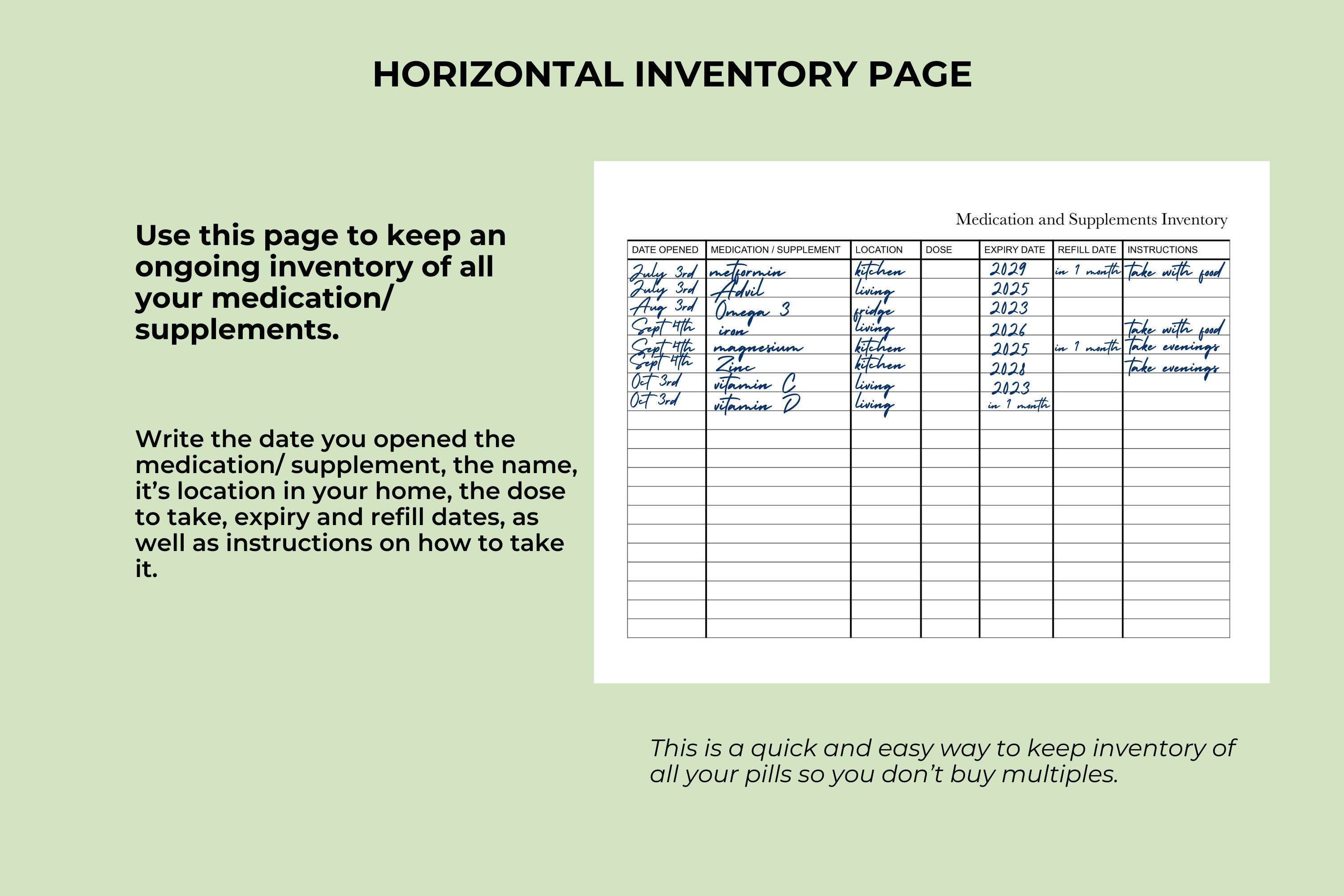 Printable Medication and Supplements Inventory Tracker, Medicine Log ...