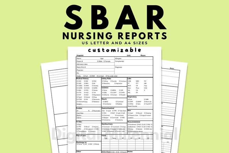 Printable SBAR Nursing Report Templates: Customizable US Letter & A4 ...