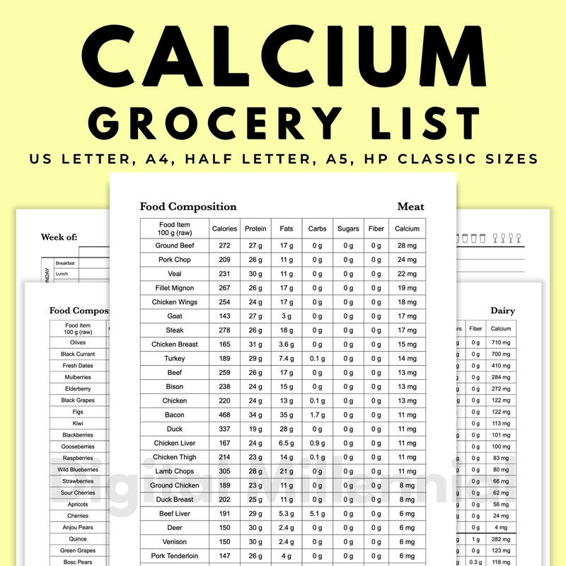 Calcium Food Chart - Etsy
